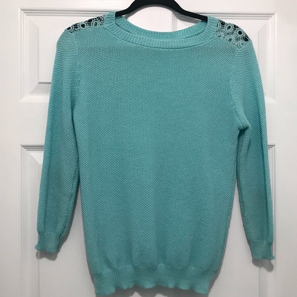 Poof! | Sweaters | Aqua Blue Crocheted Neck Poof Sweater | Poshmark
